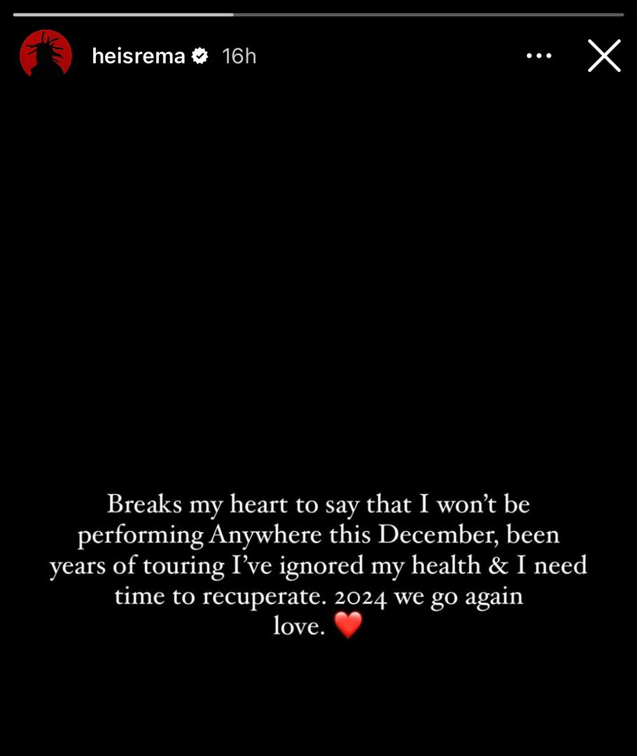 Rema suspends all December shows to focus on health - Mx24 TV