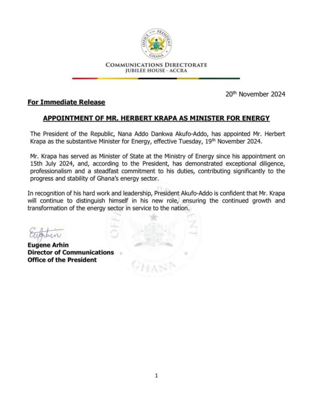 Herbert Krapa appointed substantive Minister for Energy - Mx24 TV