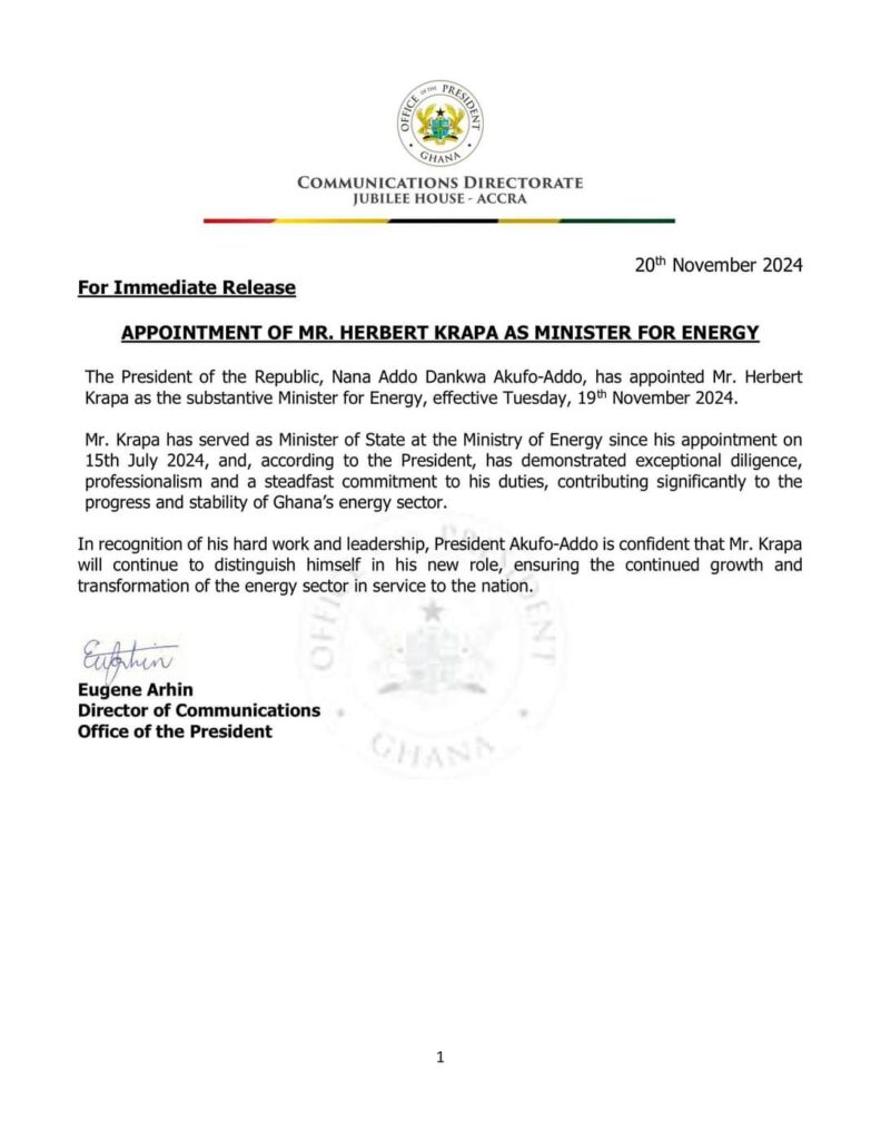 Herbert Krapa appointed substantive Minister for Energy - Mx24 TV